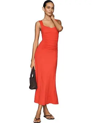 Maeve Ruched Square-neck Knit Midi Dress - Red