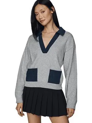 Maeve Collared V-neck Pullover Sweater With Contrast Pockets - Grey