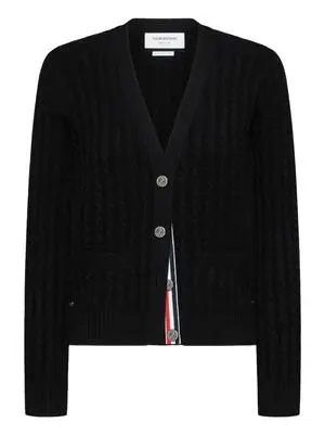 Thom Browne Cable-knit V-neck Cardigan With Rwb Grosgrain Piping - Black