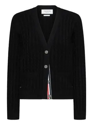 THOM BROWNE Thom Browne Cable-Knit V-Neck Cardigan With RWB Grosgrain Piping