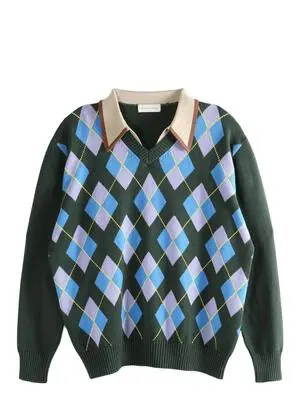 Dries Van Noten Argyle Knit Polo Sweater - Black