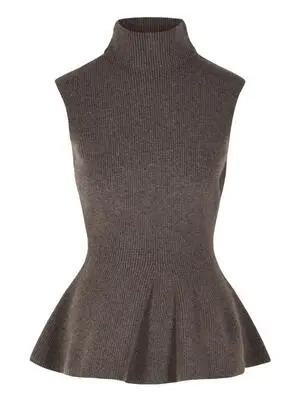 RÓHE Sleeveless Ribbed Knit High Neck Top With Ruffled Silhouette - Brown