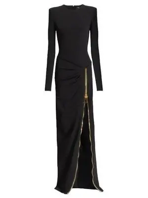 Balmain Ruched Detail Long Slit Dress - Black
