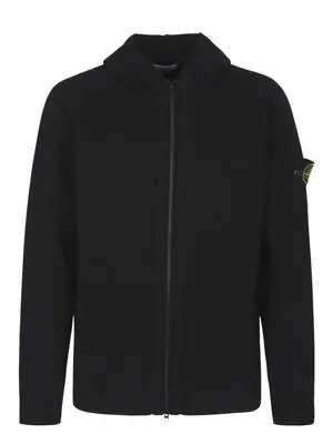 Stone Island Logo Patch Hooded Cardigan - Black