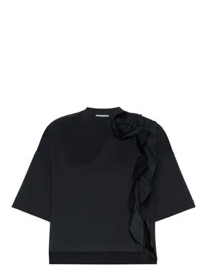 Max Mara Cotton T-shirt With Floral Appliqu - Navy