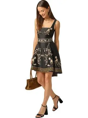 Adrianna Papell Embroidered Cotton Dress - Black Multi