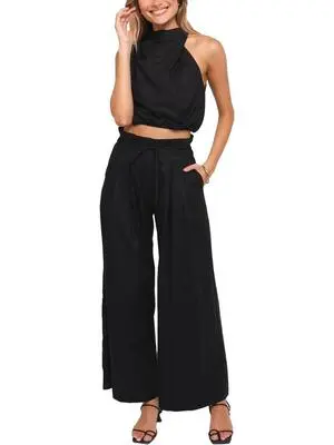 PETAL & PUP Petal & Pup Linen & Cotton Mock Neck Crop Top And Wide Leg Pants Set Black