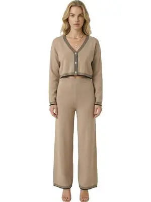MODENAIRE Contrast Trim Knit Cardigan And Wide-leg Pant Set - Beige/black Trim
