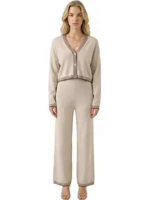 MODENAIRE Contrast Trim Knit Cardigan And Wide-leg Pant Set - Beige/brown Trim