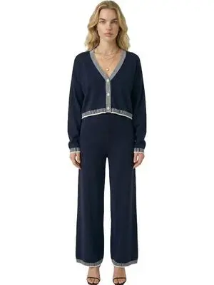 MODENAIRE Contrast Trim Knit Cardigan And Wide-leg Pant Set - Navy Blue