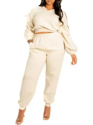 BUXOM COUTURE Scuba Knit Cold Shoulder Sweatshirt And Jogger Set - Beige