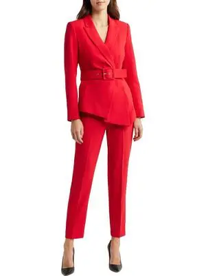 TAHARI ASL Peak Lapel Belted Blazer And Pants Set - Red