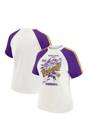 WEAR BY ERIN ANDREWS Minnesota Vikings Sleeve Stripe Distressed Raglan T-shirt - White