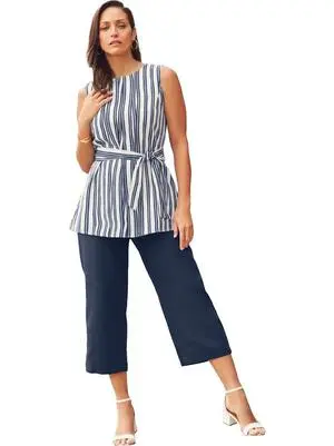 JESSICA LONDON Linen Blend Belted Tunic And Capri Set - Navy
