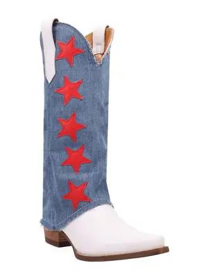 DINGO Glory Days Denim Star Appliqué Western Boots - Blue/white Multi