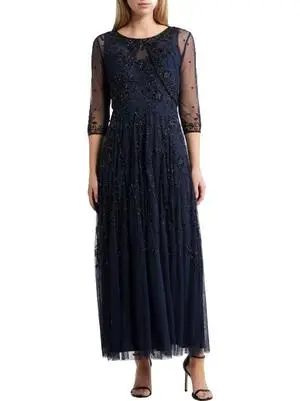 Pisarro Nights Embellished Mesh Gown With Matching Jacket - Navy