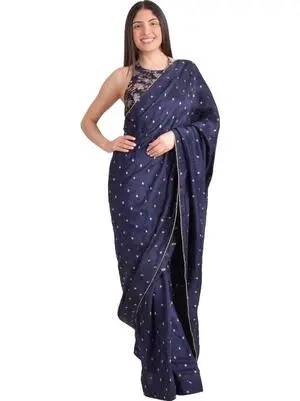 RAAS Jacquard Floral Pre-pleated Saree With Halter Blouse - Navy