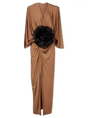 JACQUES WEI Jersey Maxi Dress With Floral Appliqu - Brown