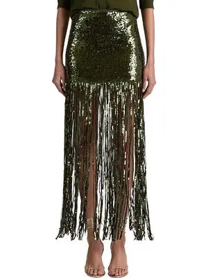 Alice + Olivia Kendra Sequinned Fringe Maxi Skirt - Dark Fern