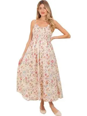 PINKBLUSH Floral Smocked Ruffle Detail Midi Dress - Cream