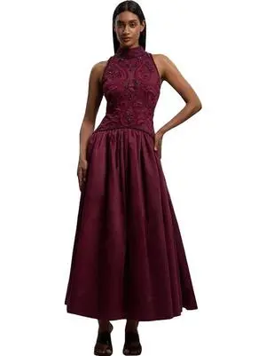 Karen Millen Embellished Taffeta High Neck Fit & Flare Dress - Plum