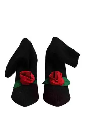 Dolce & Gabbana Ribbed-knit Rose Appliqué Stiletto Boots - Black