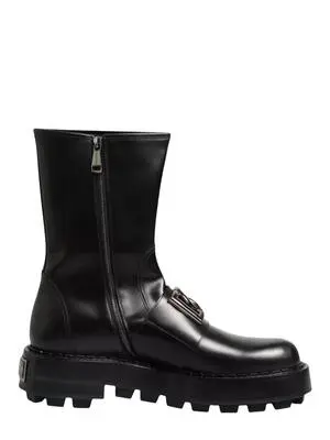 DOLCE & GABBANA Dolce & Gabbana Black Leather Logo Plaque Lug Sole Boots