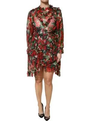 Dolce & Gabbana Asymmetric Ruffled Floral-print Dress - Red