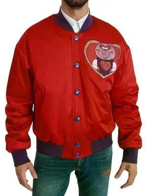 DOLCE & GABBANA Dolce & Gabbana Red Satin Pig Graphic Bomber Jacket