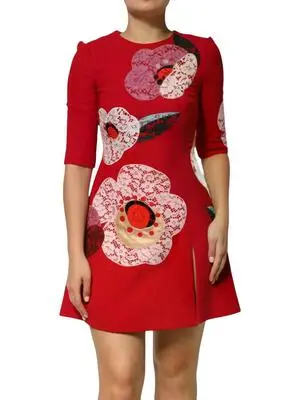 DOLCE & GABBANA Dolce & Gabbana Red Floral Lace Applique Mini Dress