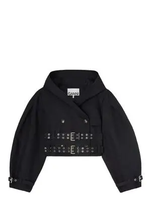 GANNI Double Belted Hooded Jacket With Silver-tone Eyelets - Black