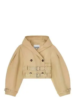 GANNI Double-breasted Cropped Jacket With Hood - Neutrals
