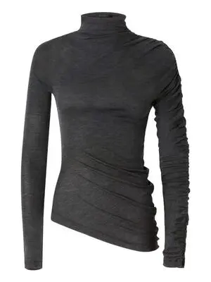 Pinko Ruched Asymmetric High Neck Long Sleeve Top - Grey