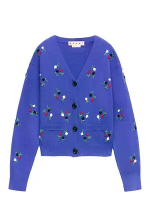 Marni Floral Embroidered Balloon-sleeve Cardigan - Blue