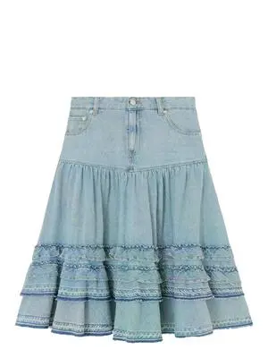 GANNI Tiered Ruffled Hem Midi Skirt - Blue