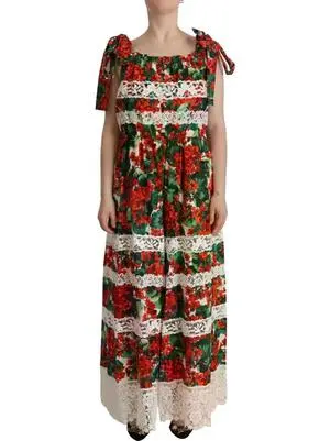 Dolce & Gabbana Floral Print Lace Trim Maxi Dress - Red