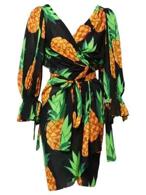 Dolce & Gabbana Pineapple Print V-neck Mini Dress - Black