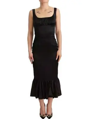Dolce & Gabbana Silk Sleeveless Midi Dress With Ruffled Hem - Black