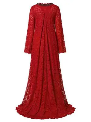 Dolce & Gabbana Floral Lace Embellished Long Sleeve Gown - Red