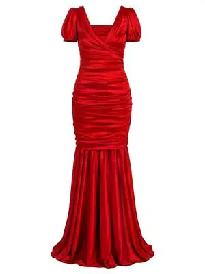 DOLCE & GABBANA Dolce & Gabbana Red Silk Sweetheart Neck Ruched Mermaid Maxi Gown