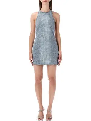 SELF-PORTRAIT Rhinestone Embellished Croc-effect Denim Mini Dress - Blue