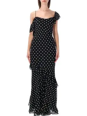SELF-PORTRAIT Polka Dot Georgette Maxi Dress With Ruffles - Nero