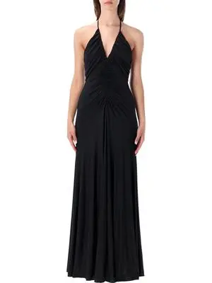 SELF-PORTRAIT Gathered Jersey Maxi Dress With Plunging Neckline - Nero