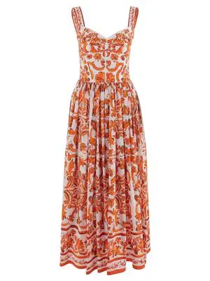 Dolce & Gabbana Long Cotton Poplin Dress With Majolica Print - Multi
