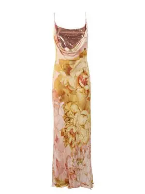 CLIPS Elegant Floral Print Maxi Dress With Sequined Bodice - Red