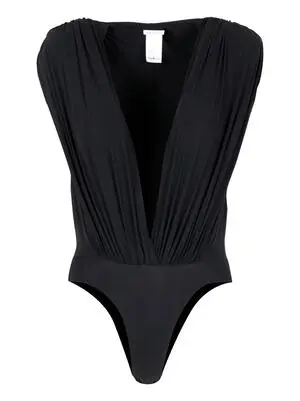 AMAZUIN Sleeveless Deep V-neck Bodysuit With Gathers - Black