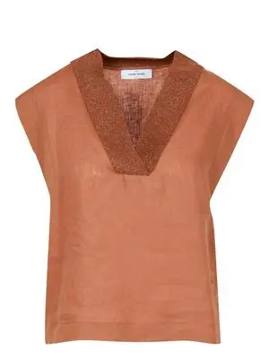 GRAN SASSO Gran Sasso Sleeveless V-Neck Linen Top With Lurex Trim Camel