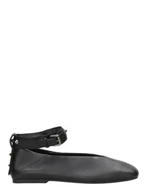 Ash Leather Square Toe Ankle Strap Flats With Stud Embellishments - Black