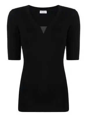 Brunello Cucinelli Cotton V-neck Sweater With Three-quarter Sleeves - Black