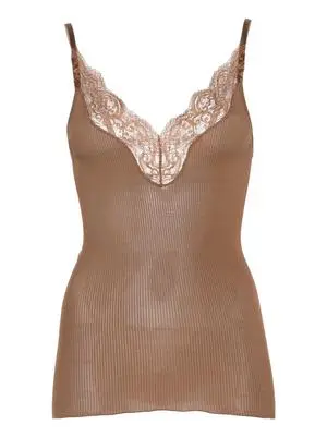Saint Laurent Lace Trimmed Ribbed Knit V-neck Top - Beige